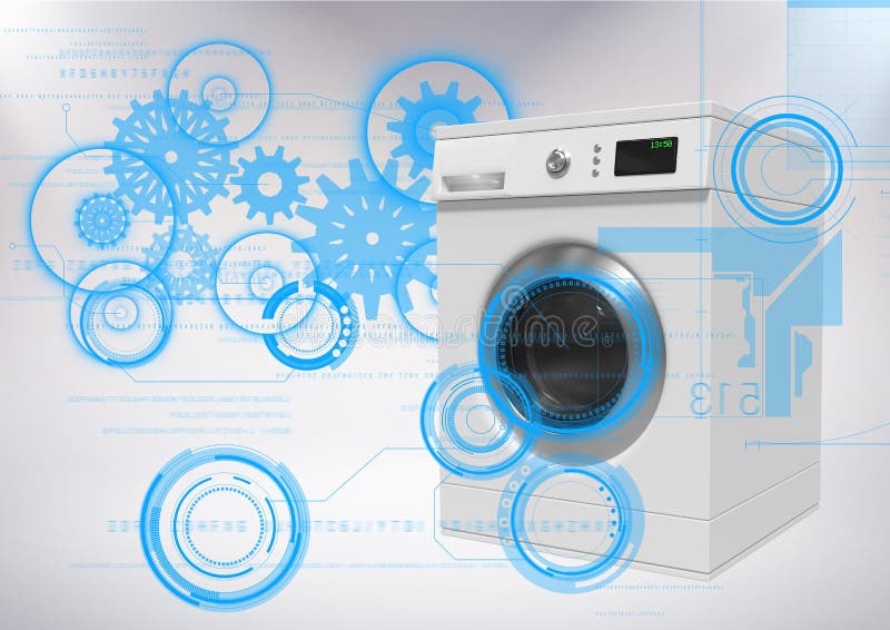 Washing Machine Against Grey Background with Technology Interface Stock ...