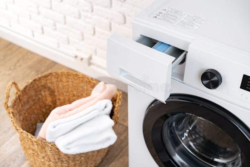 Washing Machine and Basket in a Laundry Room Stock Image - Image of ...