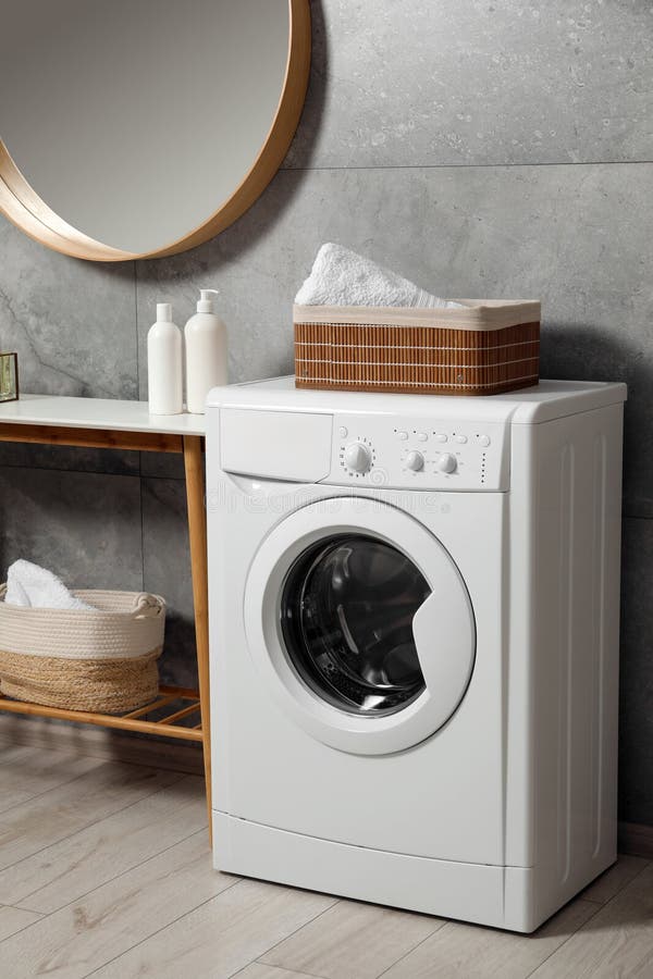 Washing Machine Baskets Laundry Storage Bench Indoors Stock Photos ...