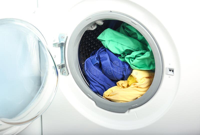 Washing Machine with Clothes, Closeup Stock Image - Image of wash ...