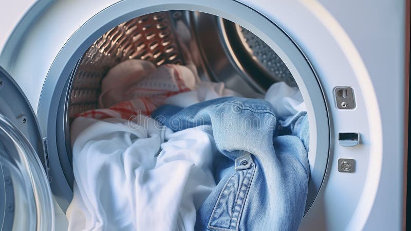Washing Machine with Clothes Inside, Closeup. Laundry Concept Stock ...