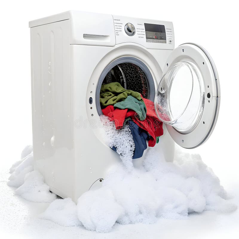 A Washing Machine Washing Clothes with Lots of Suds Isolated on White ...