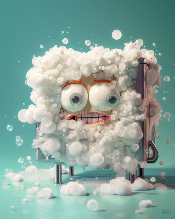 Washing Machine Covered in Bubbles with a Surprised Expression on a ...