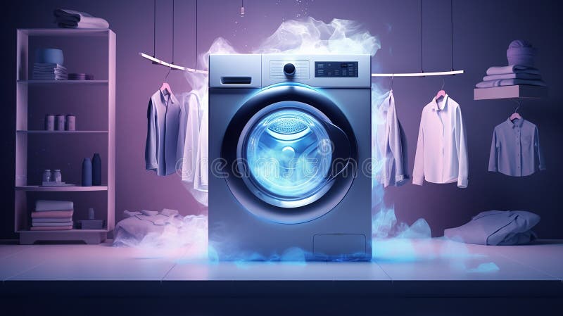 Washing Machine in Dark Room with Neon Light Stock Illustration ...
