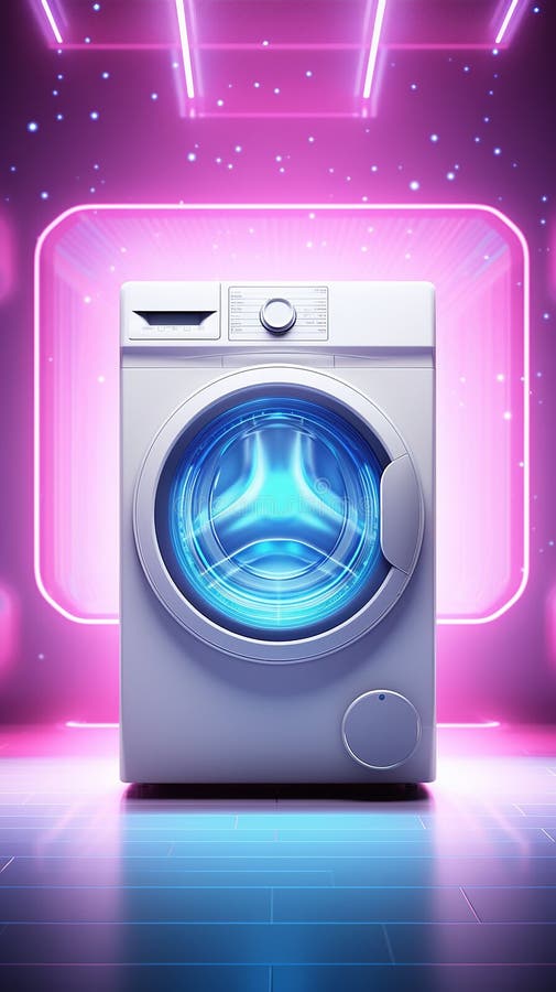 Washing Machine in Dark Room with Neon Light Stock Illustration ...