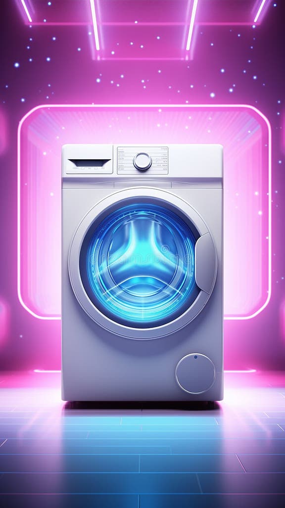 Washing Machine in Dark Room with Neon Light Stock Illustration ...