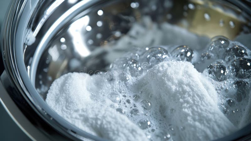 The Washing Machine Drum is Filled with White Towels Soaking in Soap ...