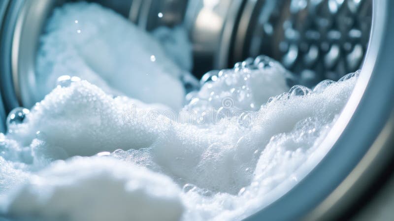 The Washing Machine Drum is Filled with White Towels and Soap Bubbles ...