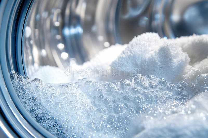 The Washing Machine Drum is Packed with Fluffy White Towels Immersed in ...