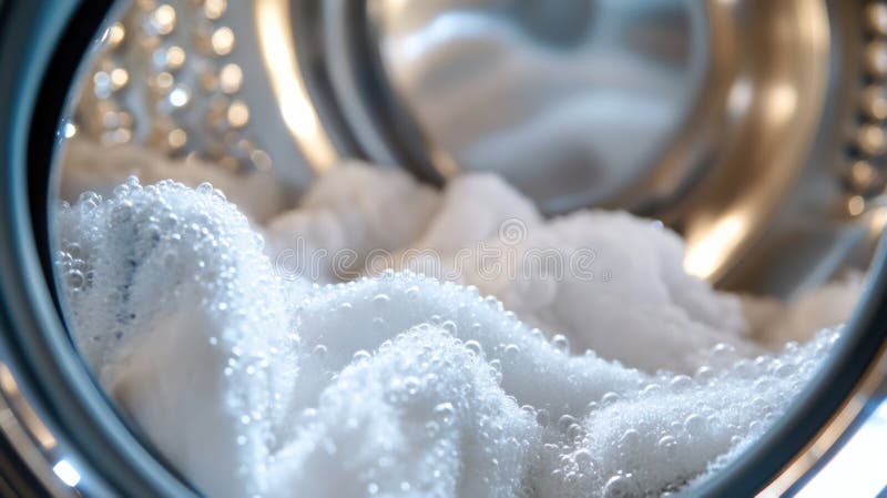 A Washing Machine Drum is Packed with Soft White Towels Soaking in ...