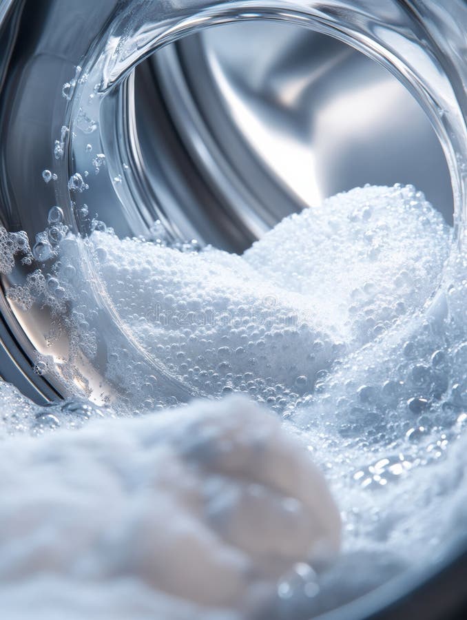 The Washing Machine Drum is Packed with White Towels Soaking in Soapy ...