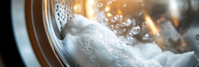 Washing Machine Drum is Packed with White Towels Soaking in Soapy Water ...