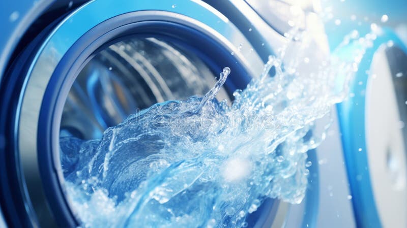 Washing Machine Drum with Water, Closeup. Water Splash with Neon Light ...