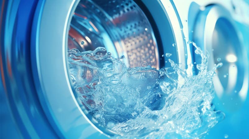 Washing Machine Drum with Water, Closeup. Water Splash with Neon Light ...