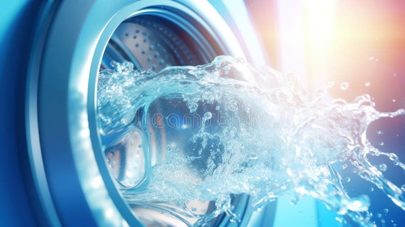 Washing Machine Drum with Water, Closeup. Water Splash with Neon Light ...