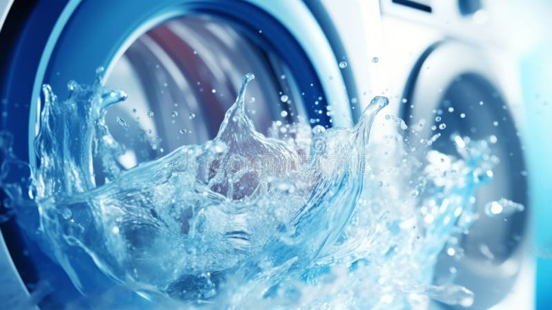 Washing Machine Drum with Water, Closeup. Water Splash with Neon Light ...