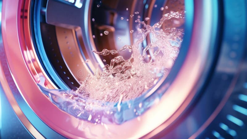 Washing Machine Drum with Water, Closeup. Water Splash with Neon Light ...