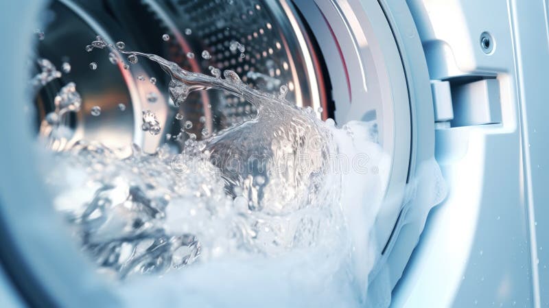 Washing Machine Drum with Water, Closeup. Water Splash with Neon Light ...
