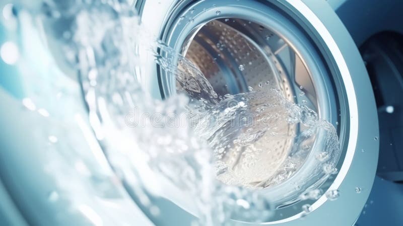 Washing Machine Drum with Water, Closeup. Water Splash with Neon Light ...