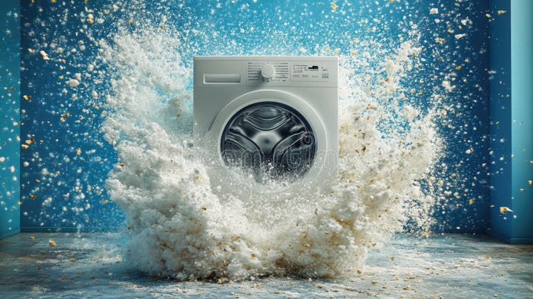 Washing Machine Explosion with Suds and Debris in Vibrant Blue Setting ...