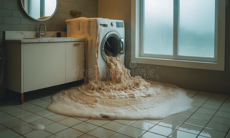 Washing Machine Failure with Overflowing Suds in a Bathroom Setting ...