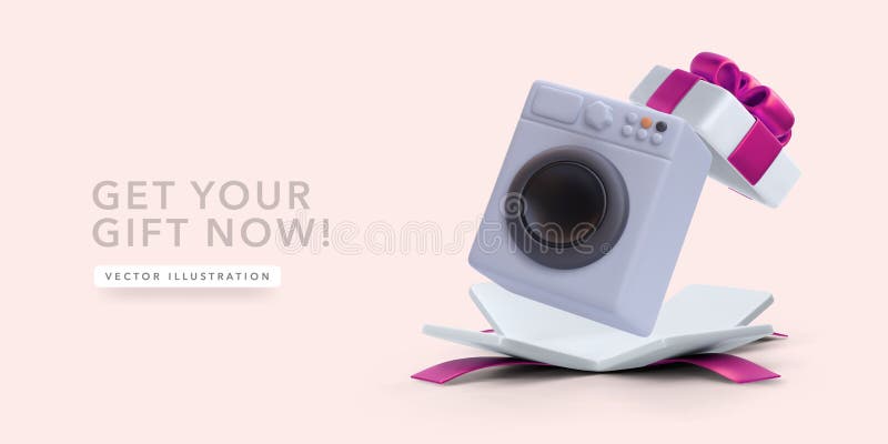Washing Machine Flies Out of the Gift Box in Cartoon Style. Vector ...