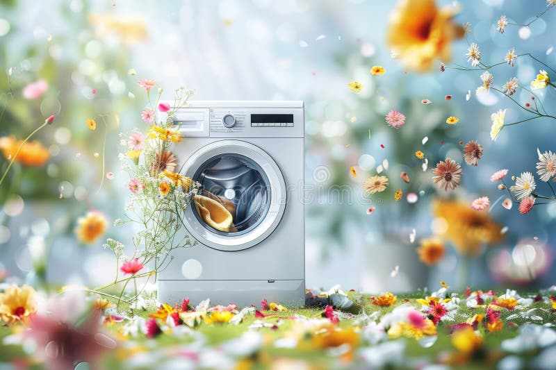Washing Machine with Flowers Flying Around. Cleanliness and Freshness ...