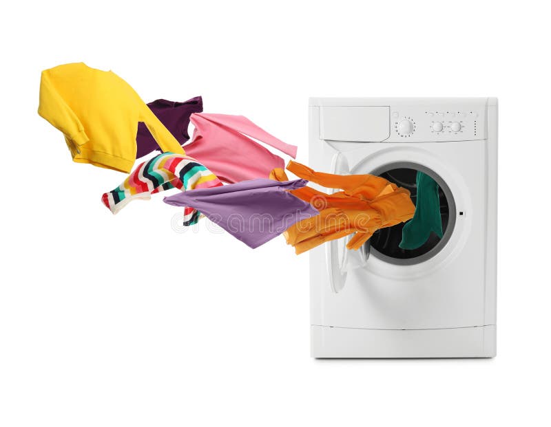 Washing Machine and Flying Clothes on Background Stock Image - Image of ...