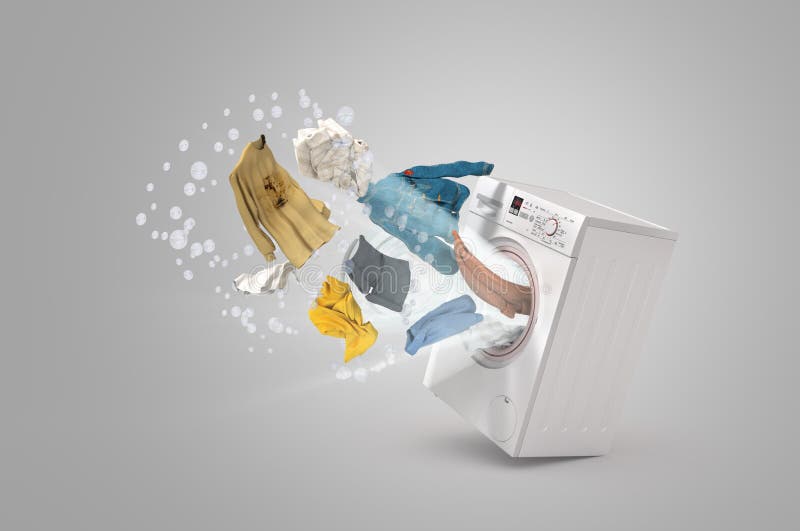Washing Machine and Flying Clothes on White Background Stock ...