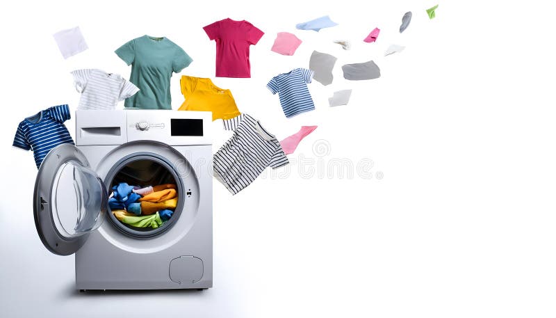 Washing Machine and Flying Clothes on White Background, Laundry Day ...