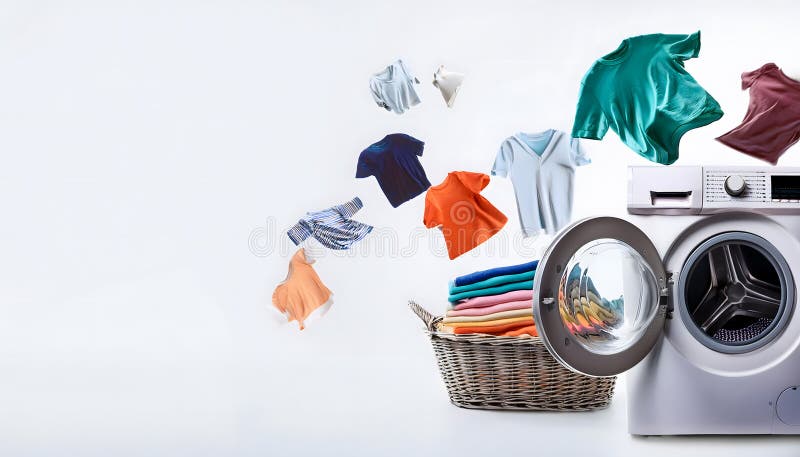 Washing Machine and Flying Clothes on White Background, Laundry Day ...