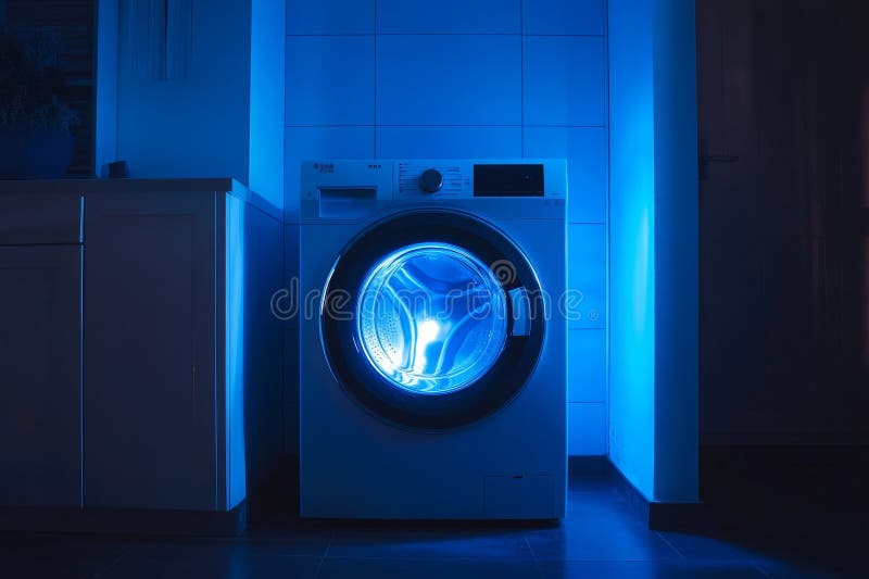 Washing Machine Illuminated by Blue Light in Dark Laundry Room Stock ...