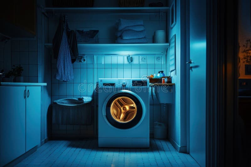 Washing Machine in a Dimly Lit Laundry Room with Blue Hues during ...