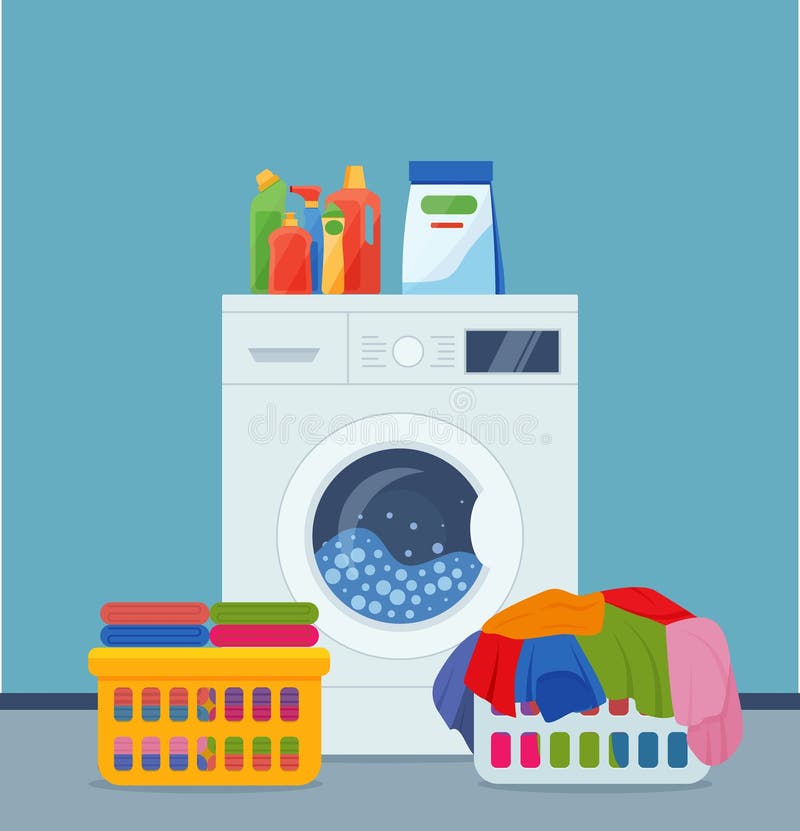 Washing Machine, Laundry Basket and Cleaning Products. Vector ...