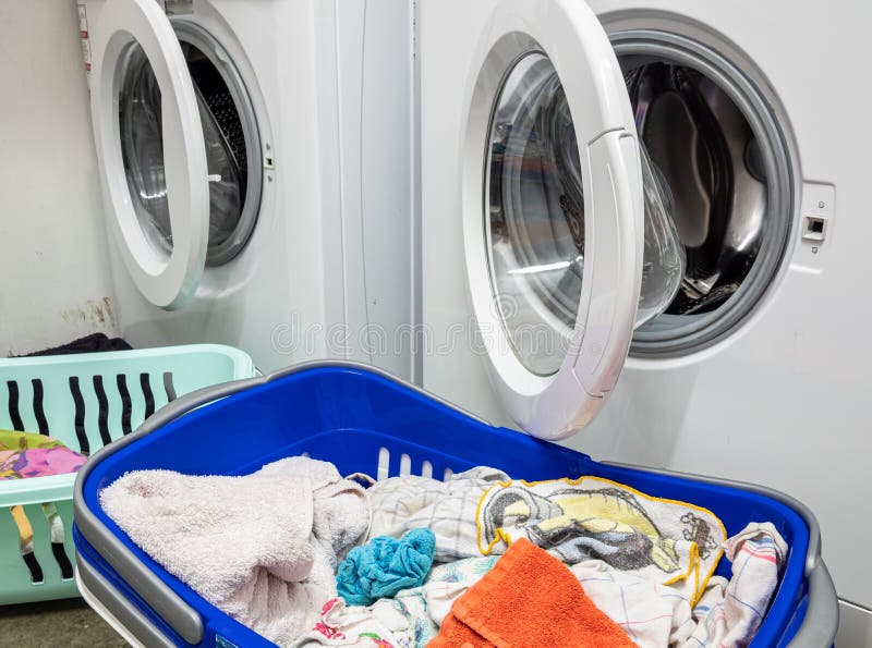 Washing Machine and Laundry Basket at Home Stock Image - Image of hand ...