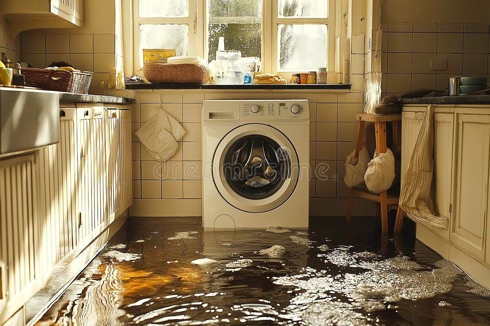 Washing Machine Leaking and Causing Flood in Washroom Stock ...