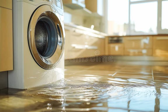 Washing Machine Leaking and Causing Flood in Washroom Stock ...