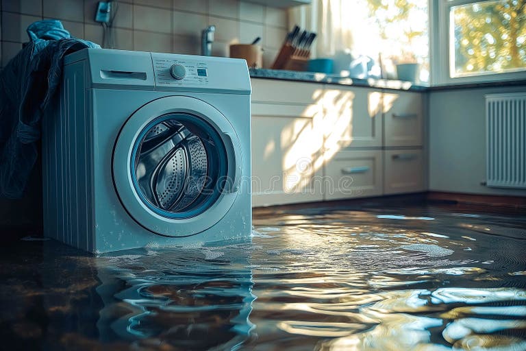 Washing Machine Leaking and Causing Flood in Washroom Stock ...