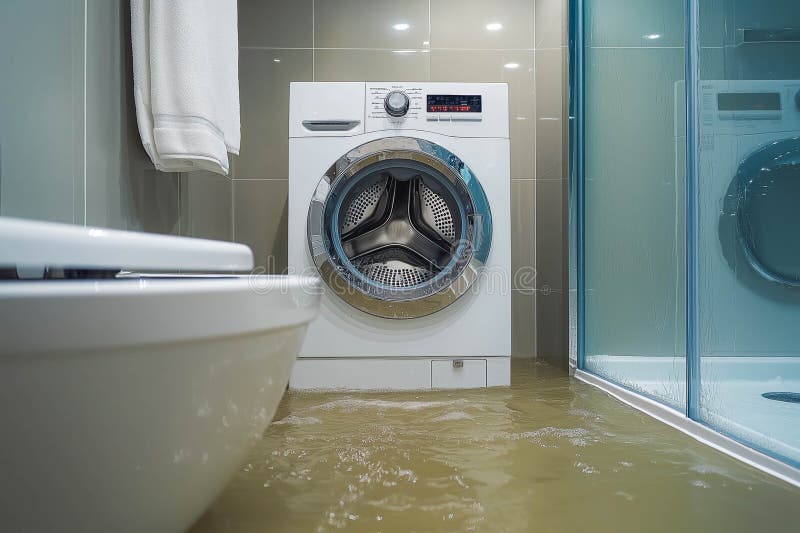 Washing Machine Leaking and Causing Flood in Washroom Stock ...