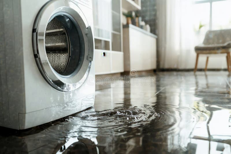 Washing Machine Leaking with Water Puddle on Floor Stock Image - Image ...