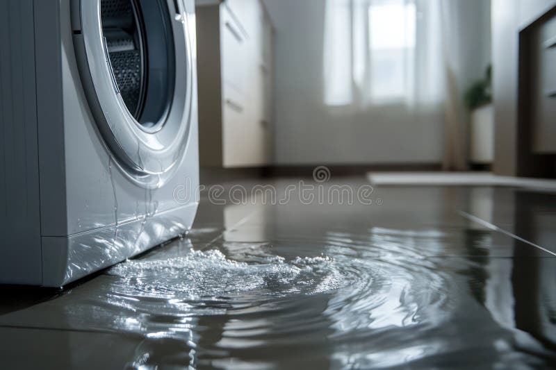 Washing Machine Leaking with Water Puddle on Floor Stock Photo - Image ...
