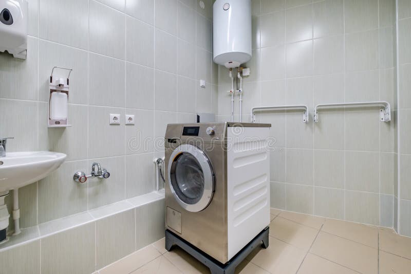 Washing Machine in Modern Bathroom Stock Image - Image of laundry, room ...