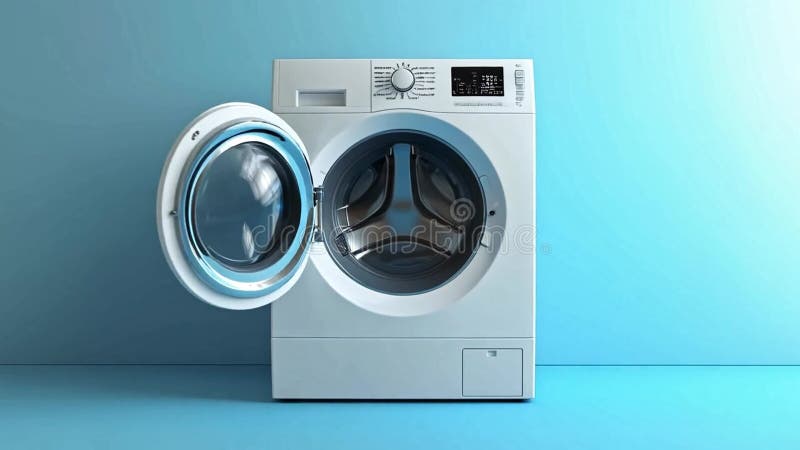 Washing Machine with Modern Design on a Bright Blue Background ...