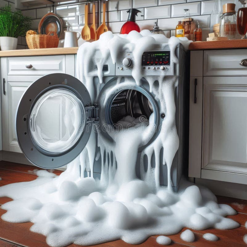 The Washing Machine is Overflowing with Bubbles in a Modern Kitchen ...