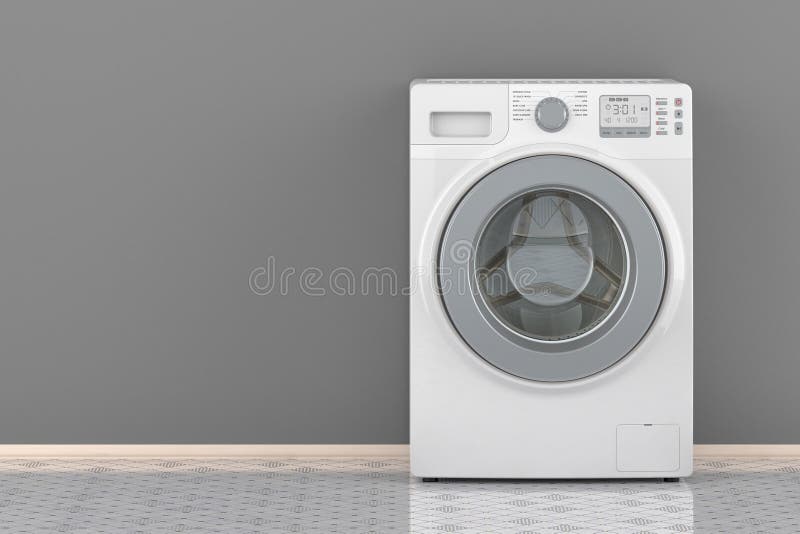Washing Machine in Room Near the Wall, Front View. 3D Rendering Stock ...