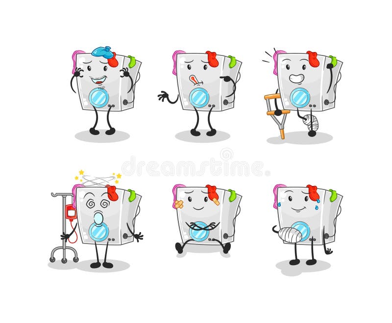 Washing Machine Sick Group Character. Cartoon Mascot Vector Stock ...