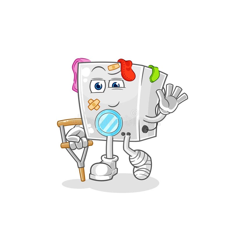 Washing Machine Sick with Limping Stick. Cartoon Mascot Vector Stock ...