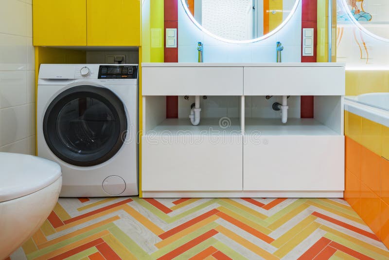 Washing Machine and Sink Cupboard in the Bathroom Stock Photo - Image ...