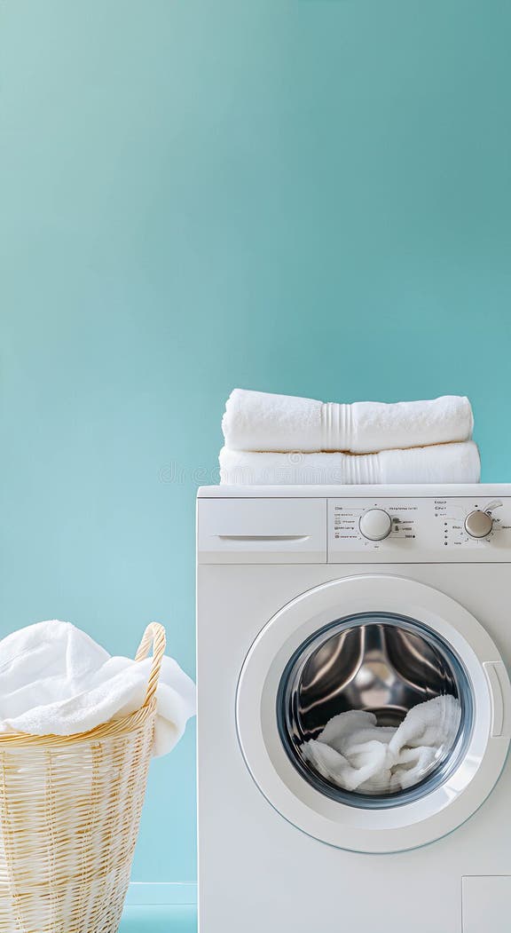 Washing Machine on Soft Blue Background, Laundry Basket on the Side of the Washing Machine, Soap ...