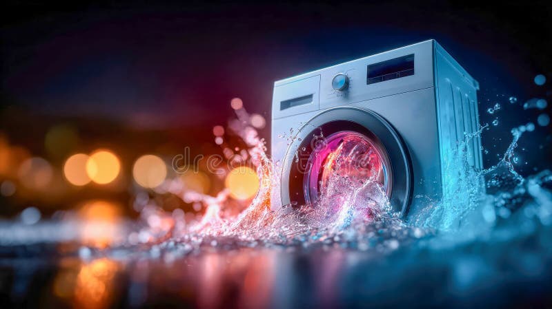 A Washing Machine Splashes Dramatically in a Pool of Water with Glowing ...